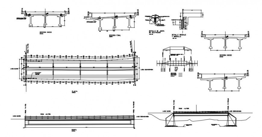Bridge all sided section, plan and construction drawing details dwg file