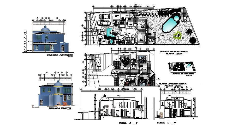 Classic club house elevation, section, floor plan and auto-cad drawing ...