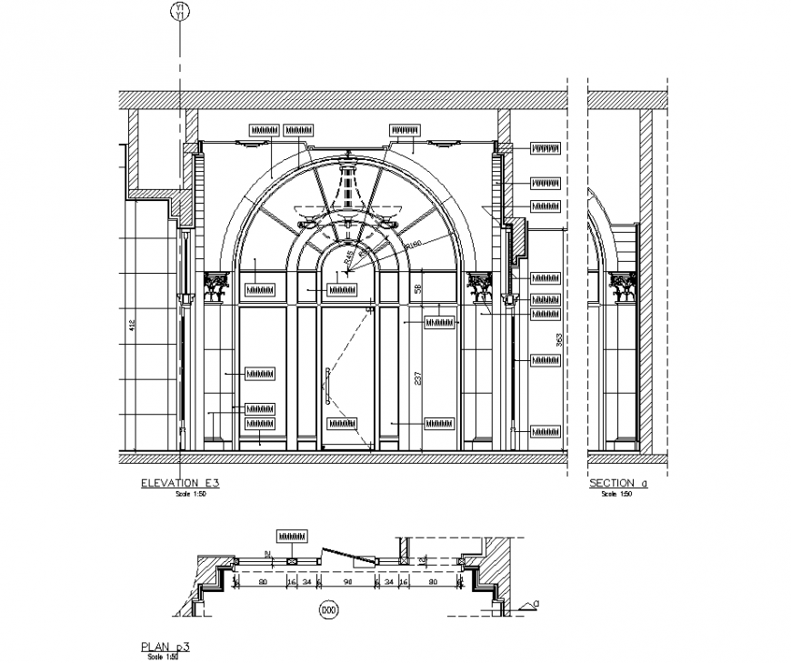 College main gate plan, elevation and section detail dwg file