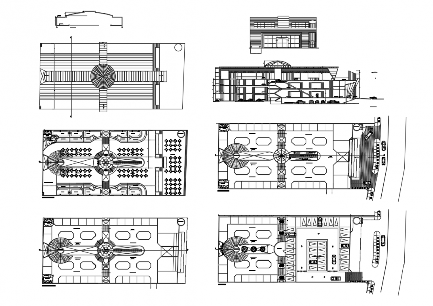 Corporate building elevation, section, floor plan, foundation and structure details dwg file