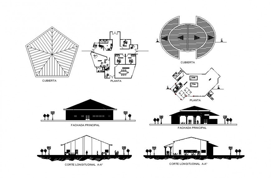 Cottages and restaurant elevation, section and plan details of re ...