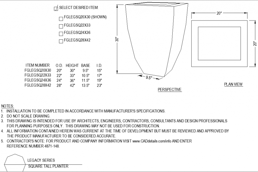 Dimensional pot plan detail dwg file.