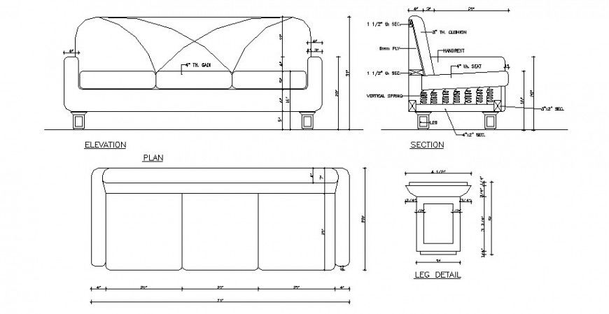 sofa drawing with dimensions