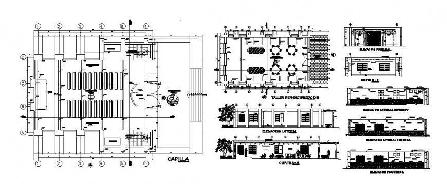 Elevation, plan and sectional detail of restaurant building drawing in ...