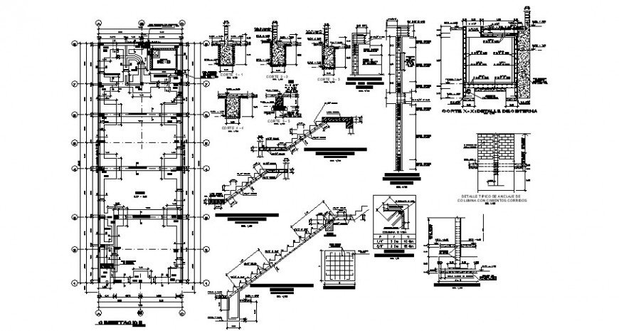 Foundation plan, staircase section and constructive structure details ...