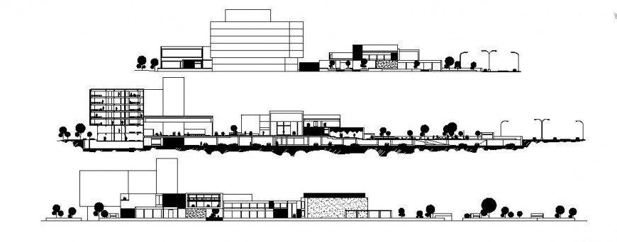 Front, back and side elevation details of multi-story office building ...