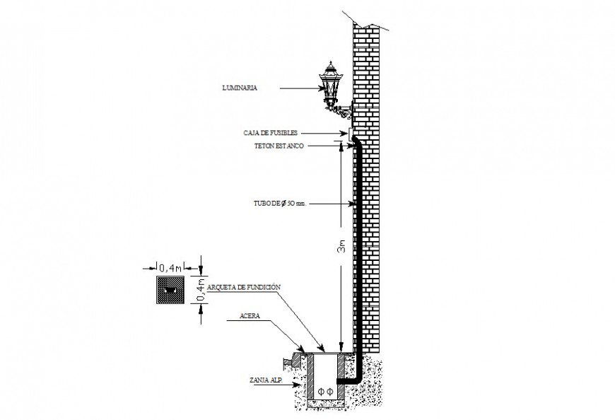 Light over wall section and electrical installation details dwg file