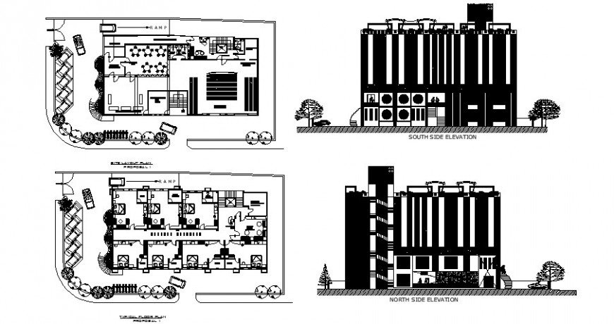 Multi-story hotel building north and south side elevation with floor ...