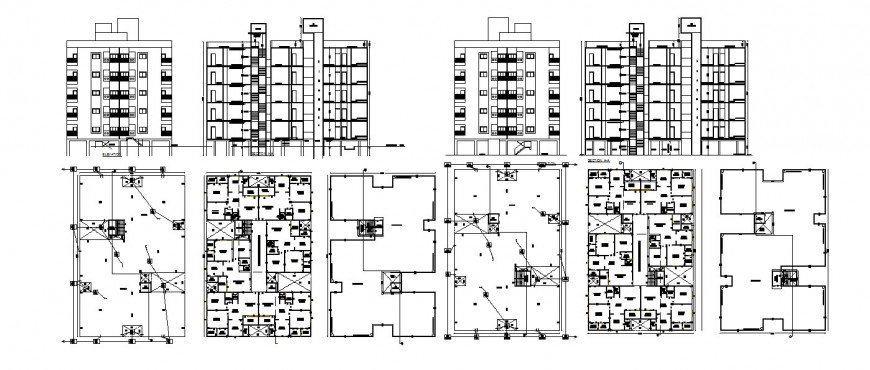 Multiple blocks of apartment building elevation, section, plan and ...