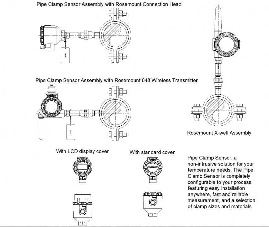 Pipe clamp sensor assembly with rosemount connection head dwg file