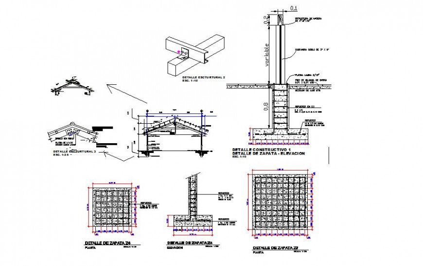 Roofing, slab and foundation structure detail 2d view CAD construction ...