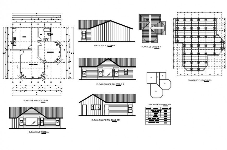 Small house all sided elevation, layout plan, foundation, structure and ...