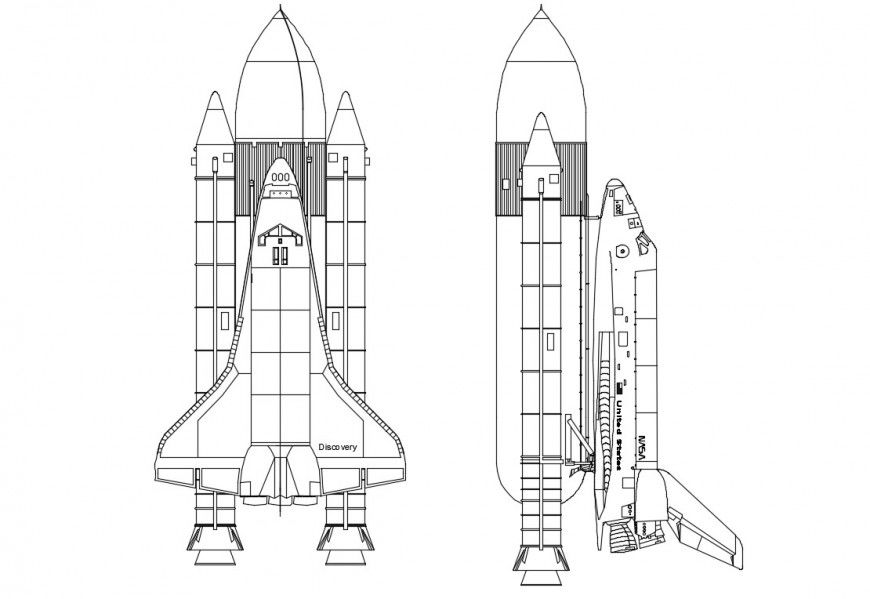Space shuttle rocket front and side elevation cad block details dwg file