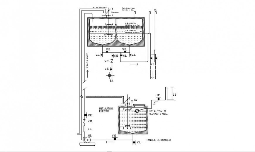 Tank for house main section and plumbing structure drawing details dwg file