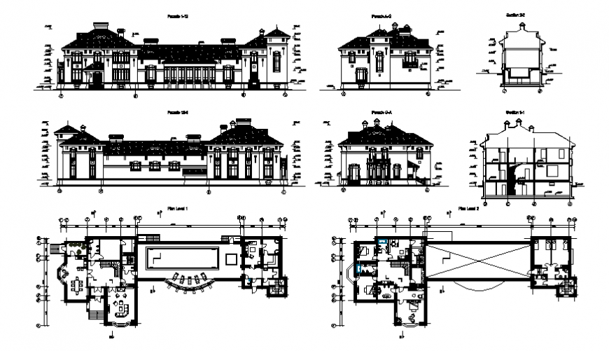 Two-level villa with swimming pool-elevation, section and floor plan ...