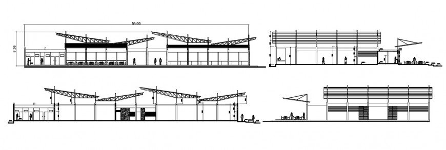 Urban market both sided elevation and section drawing details dwg file