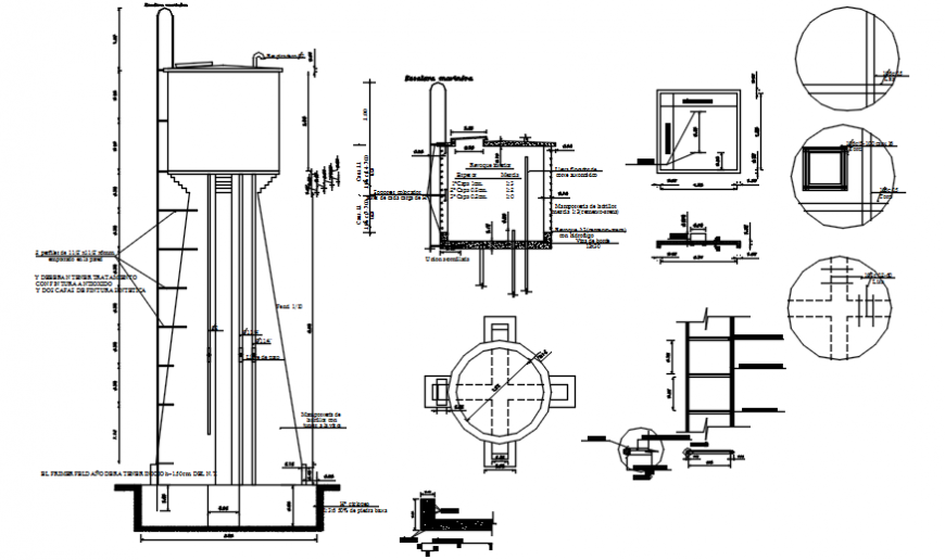 Water tank in hoao of five thousand litters section and plumbing structure details dwg file