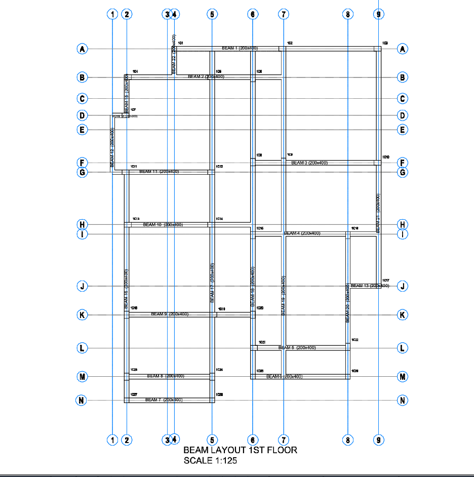 First Floor Beam Layout Drawing With Structural Dimensions
