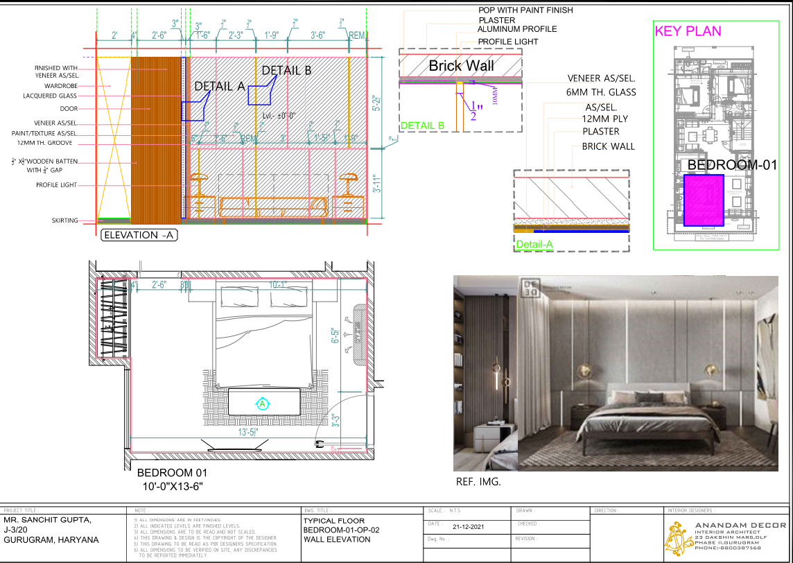 Bedroom Wall Elevation AutoCAD DWG 10x13.6 Details
