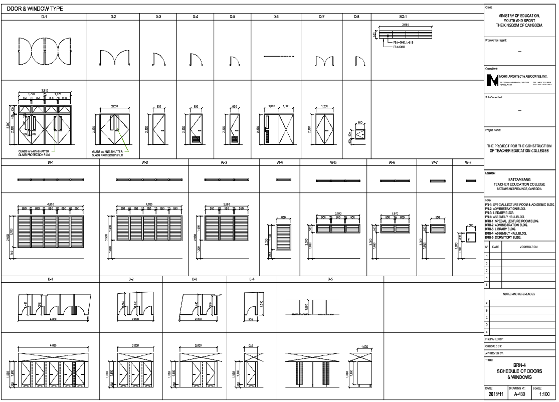 Architectural Door Window Type Schedule DWG with Sizes
