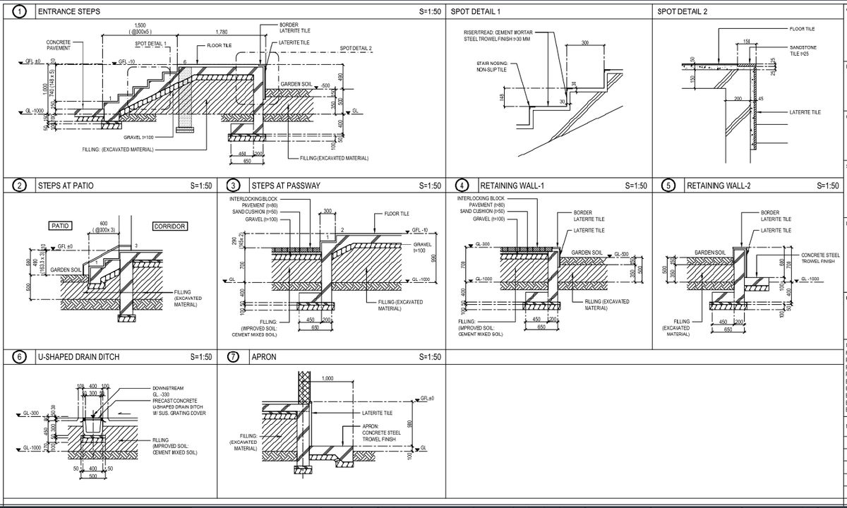 Detailed Entrance Steps and Retaining Wall CAD Sections