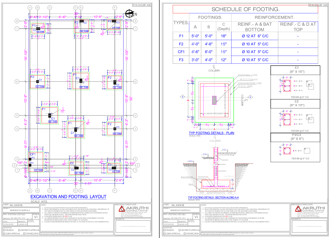 Excavation and Footing Layout with Reinforcement Details