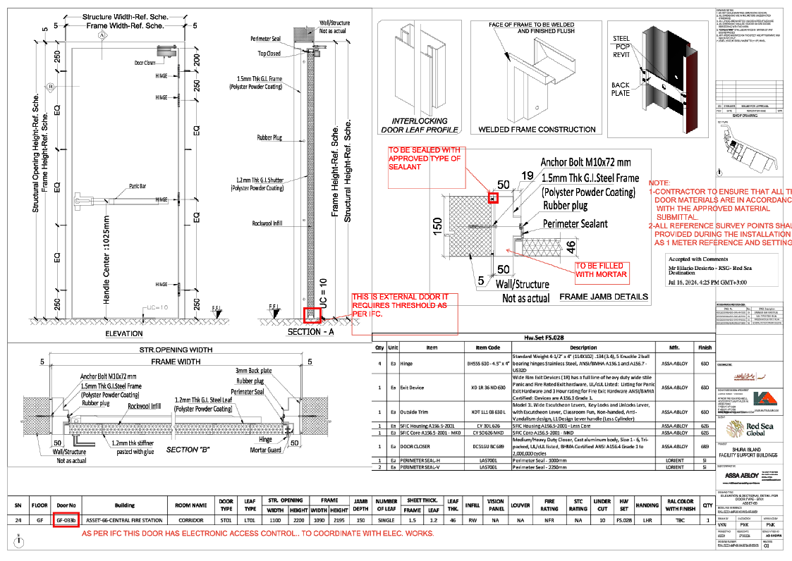 Fire Rated Door Drawing with Steel Door Frame Detail 1.5mm GI