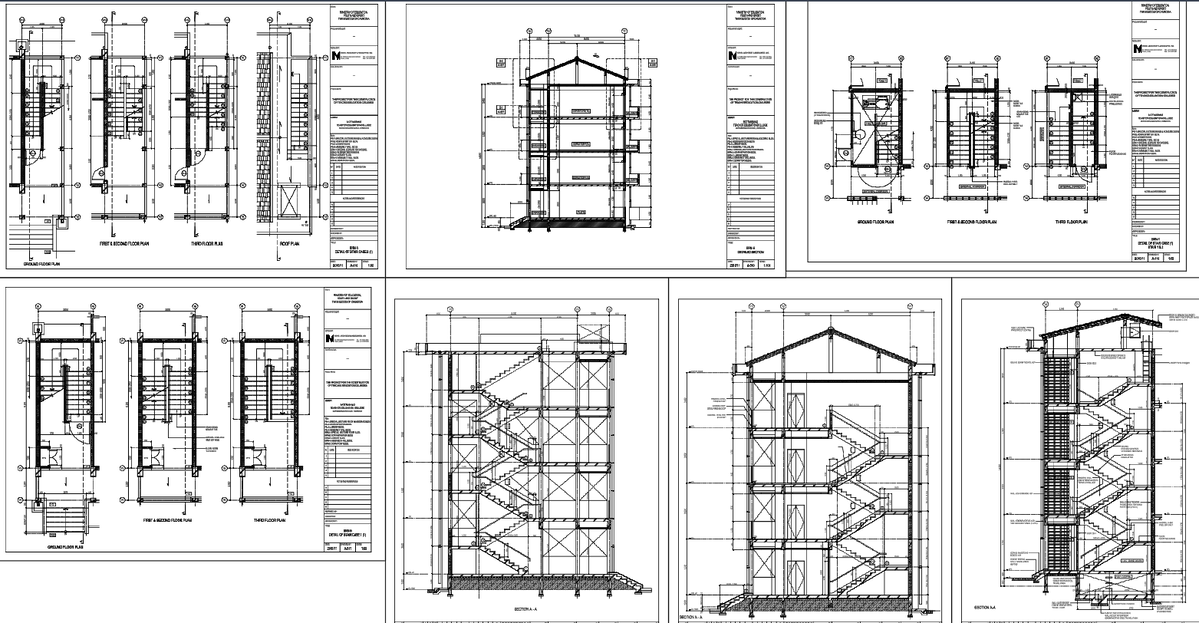 Multi Storey Staircase Floor Plans and Section Drawing