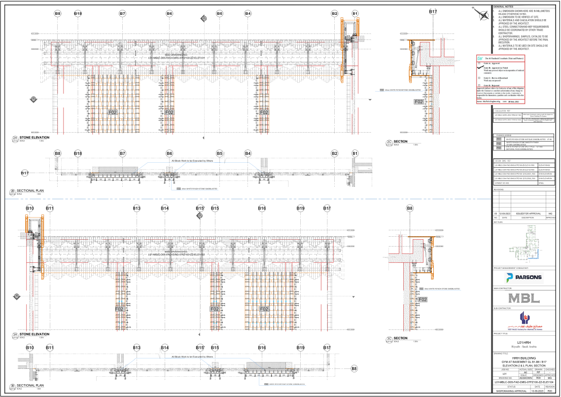 Stone Elevation and Sectional Plan with Reinforcement Detail