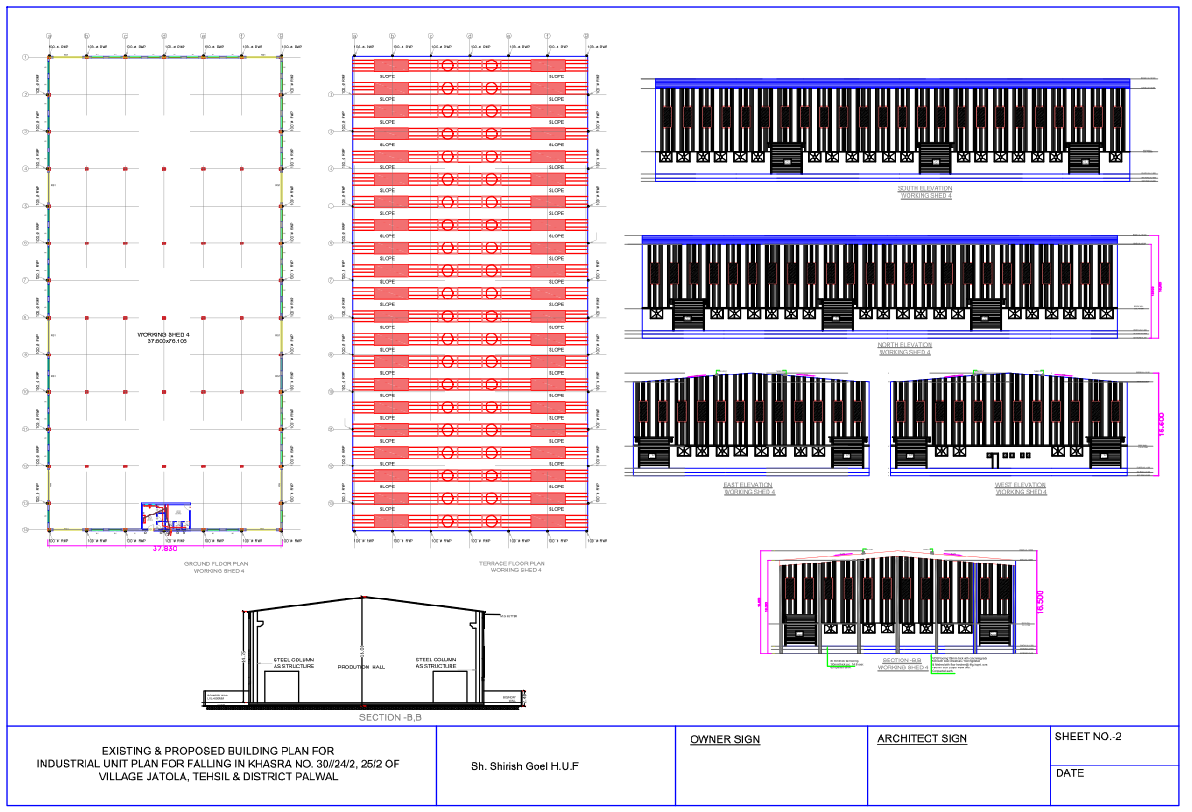 Industrial Working Shed Layout Drawing With Elevations Section B B