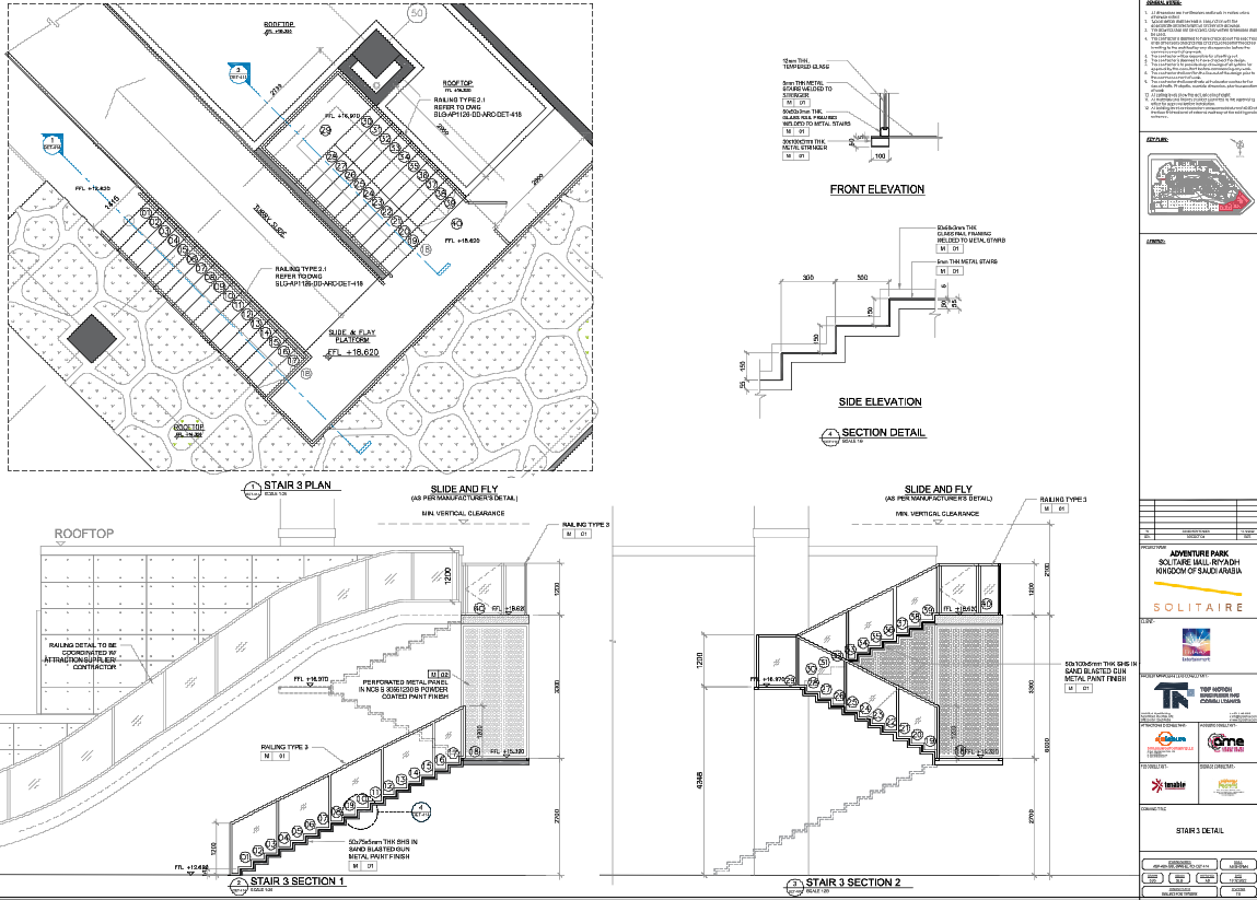 6000mm Rooftop Stair 3 Steel Glass Railing DWG Plan