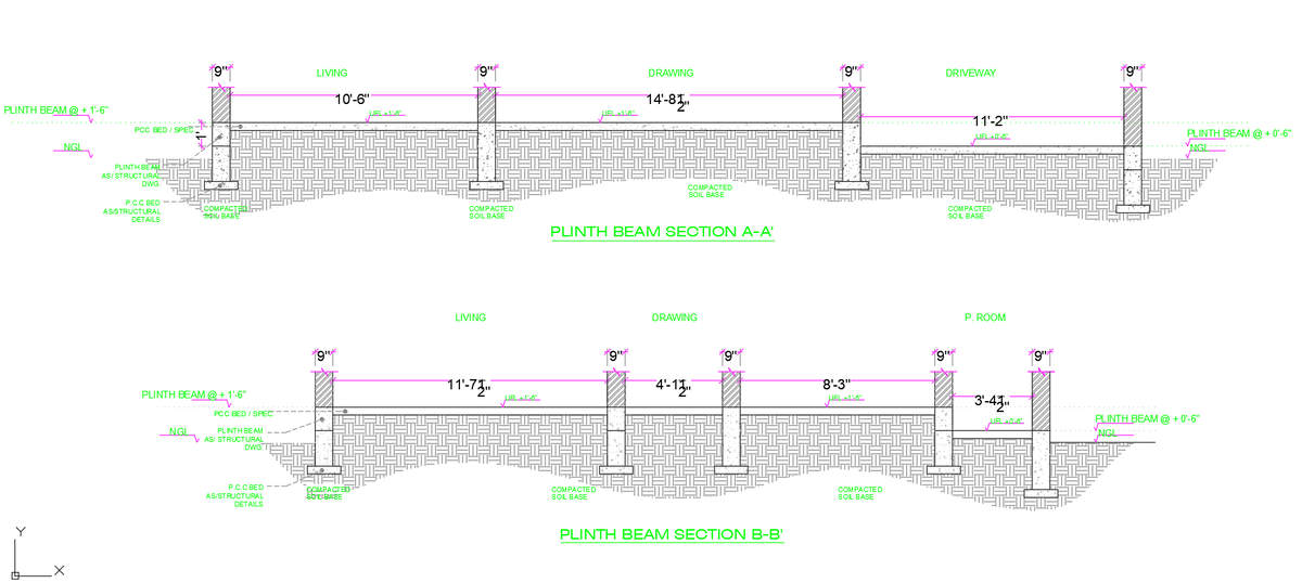 Plinth Beam Section Detail With 10 Feet 6 Inch and 14 Feet 8 Inch Span